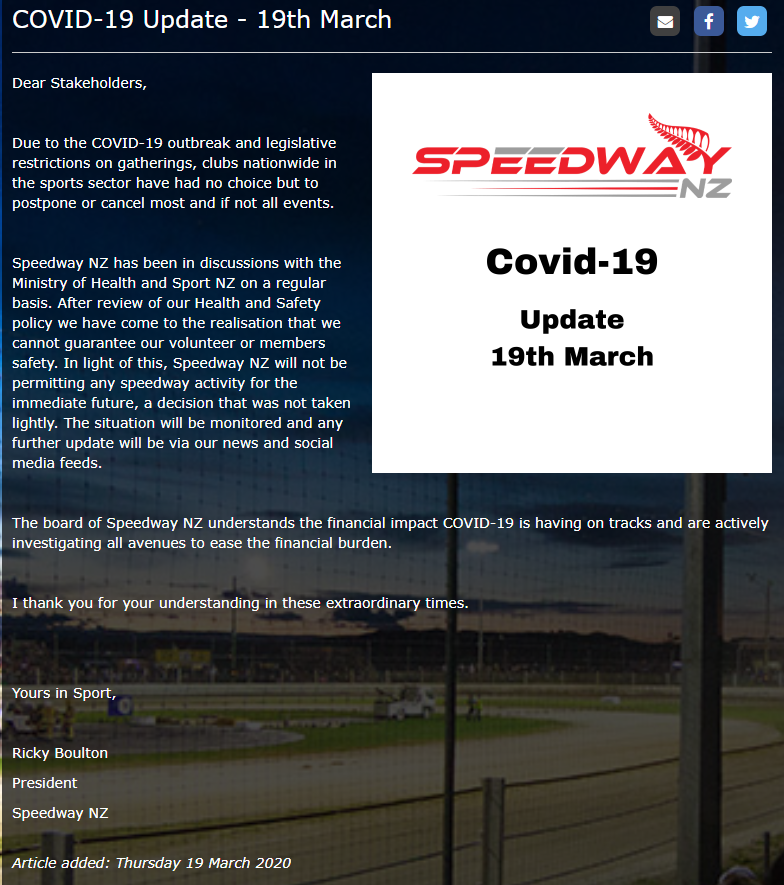 End the season (COVID-19) – R&R Electrical Ltd Greenstone Park Speedway
